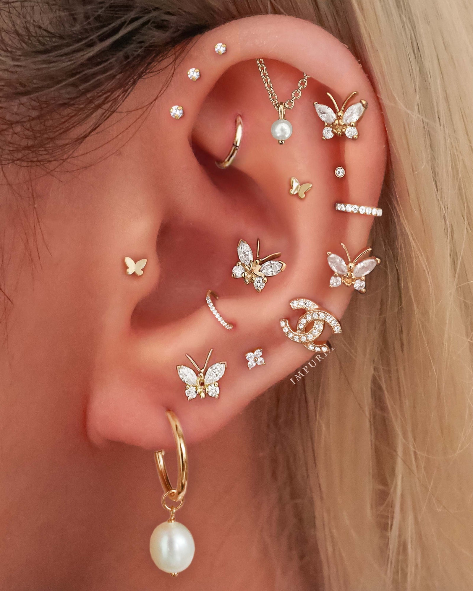 Hidden Helix Pearl Chain Drop Cartilage Flat Ear Piercing Earring Stud