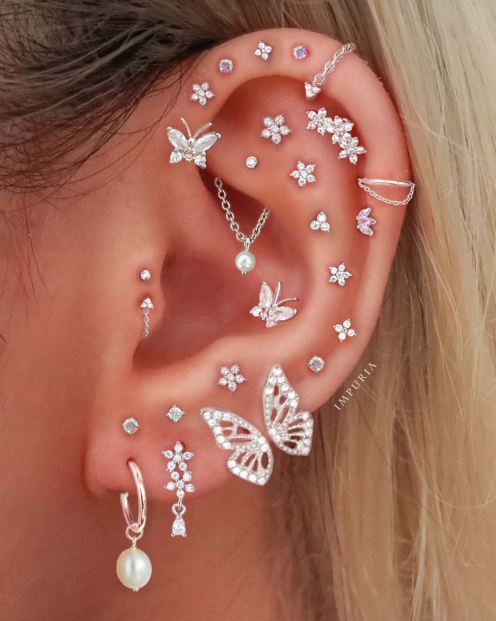 Hidden Helix Pearl Chain Drop Cartilage Flat Ear Piercing Earring Stud